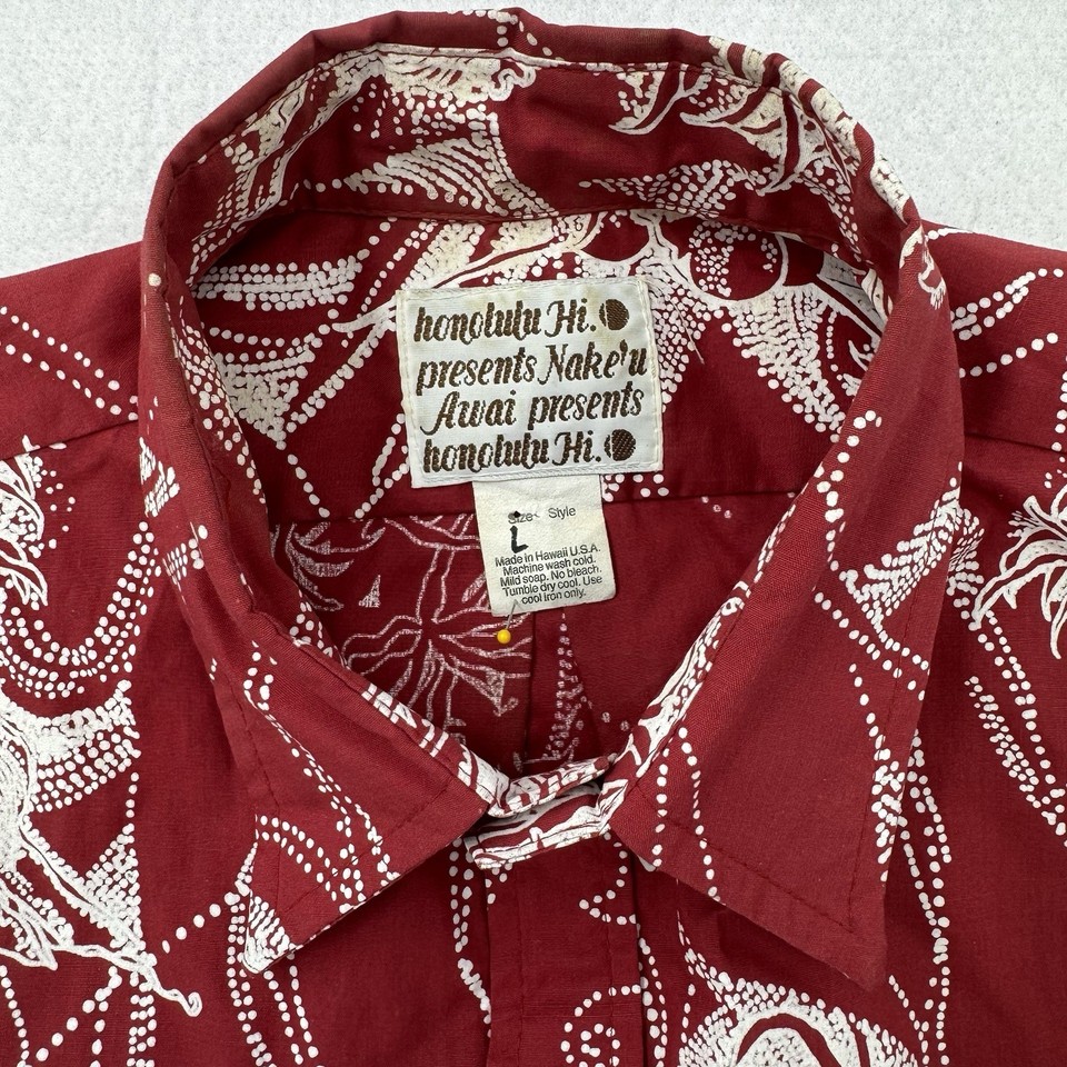 Vintage Nakeu Awai Hawaiian Shirt Mens Large Tribal Aloha Floral Red ...