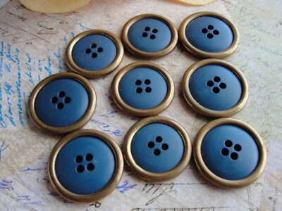 Vintage Buttons 9 NOS Slate Denim Blue Gold Metal Rim 2 Szs 1-1/16 ...