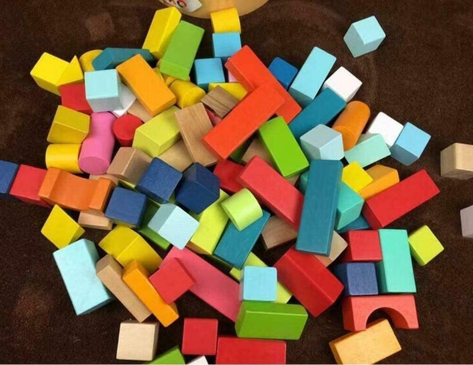 100pc Childrens Wooden Building Blocks Kids Construction Toy Bricks Set ...