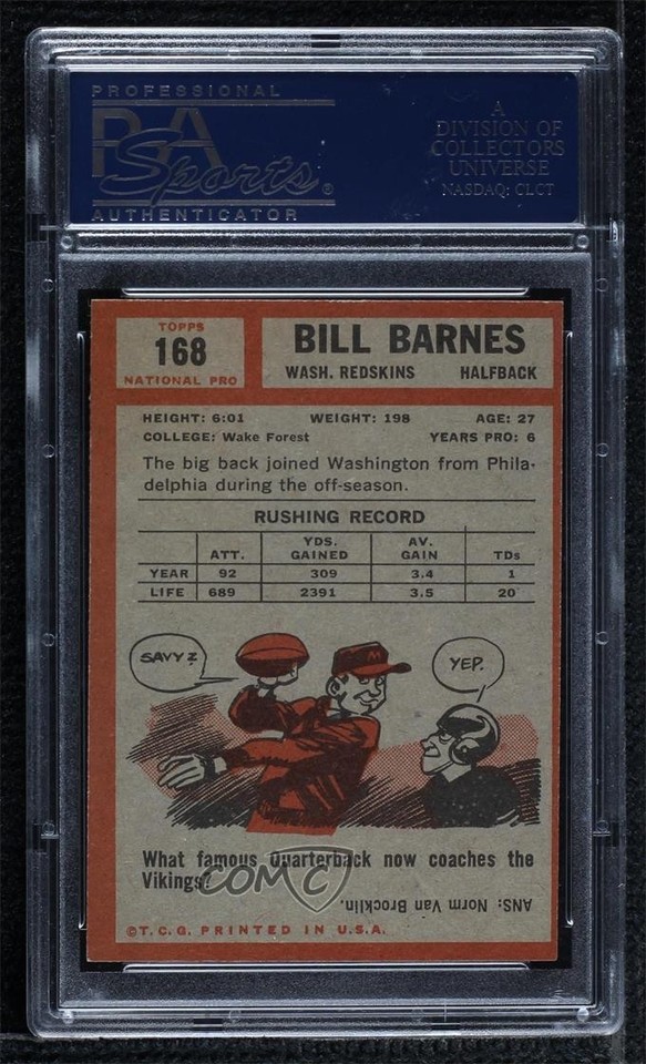 1962 Topps Bill Barnes (Wearing Philadelphia Eagles Uniform) #168 PSA 6 ...