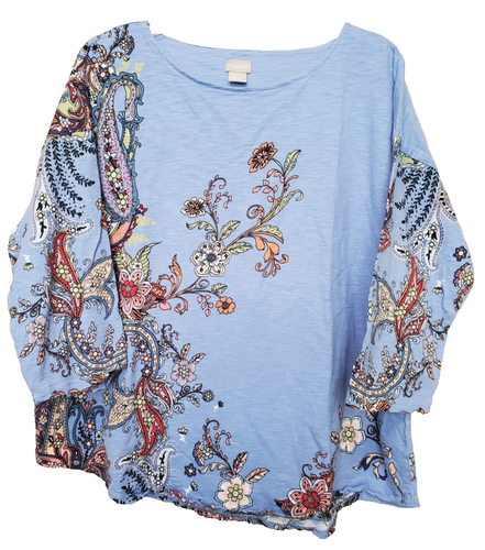 Chico's Cotton/Modal Slub Knit Blue Floral 3/4 Sleeve Top Size 2 Large ...