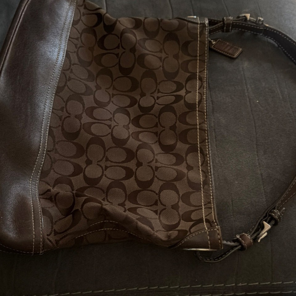 Coach Signature Logo Accent Leather Canvas Brown Women's Designer ...