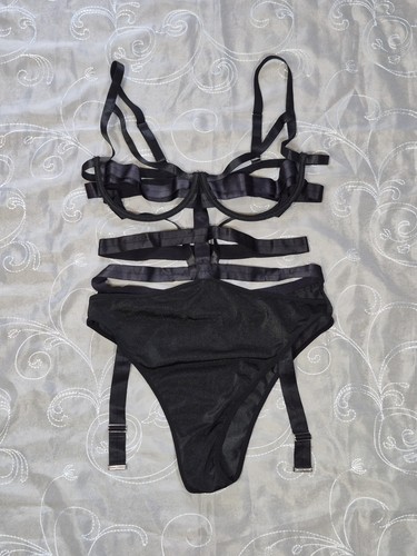 Strappy Lingerie Woman's Size XL 36-38 D Black Harness Bodysuit Garter ...