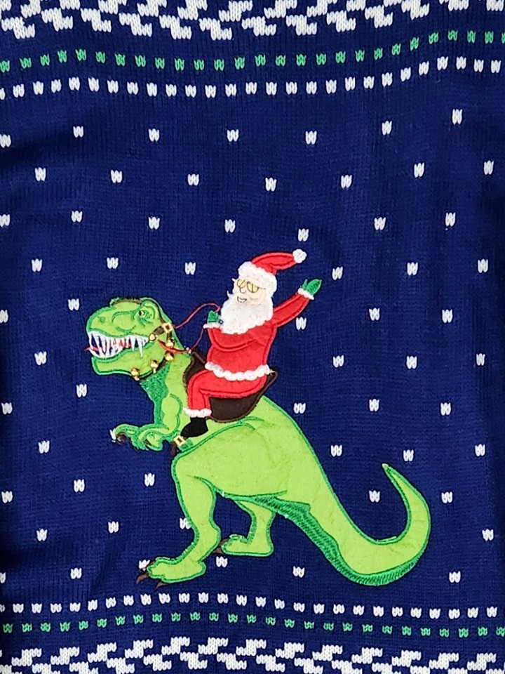 Boys Red & Blue Santa Riding T-Rex Santa Christmas Holiday Sweater XL ...