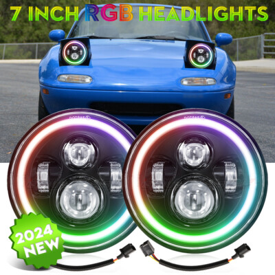 For 1990-1997 Mazda Miata RGB 7" Inch Round Headlights Halo Angel Eyes ...