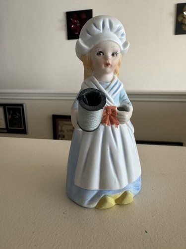 Vintage Porcelain Sewing Girl Figurine Pin Cushion Hat Thread Holder 5 ...