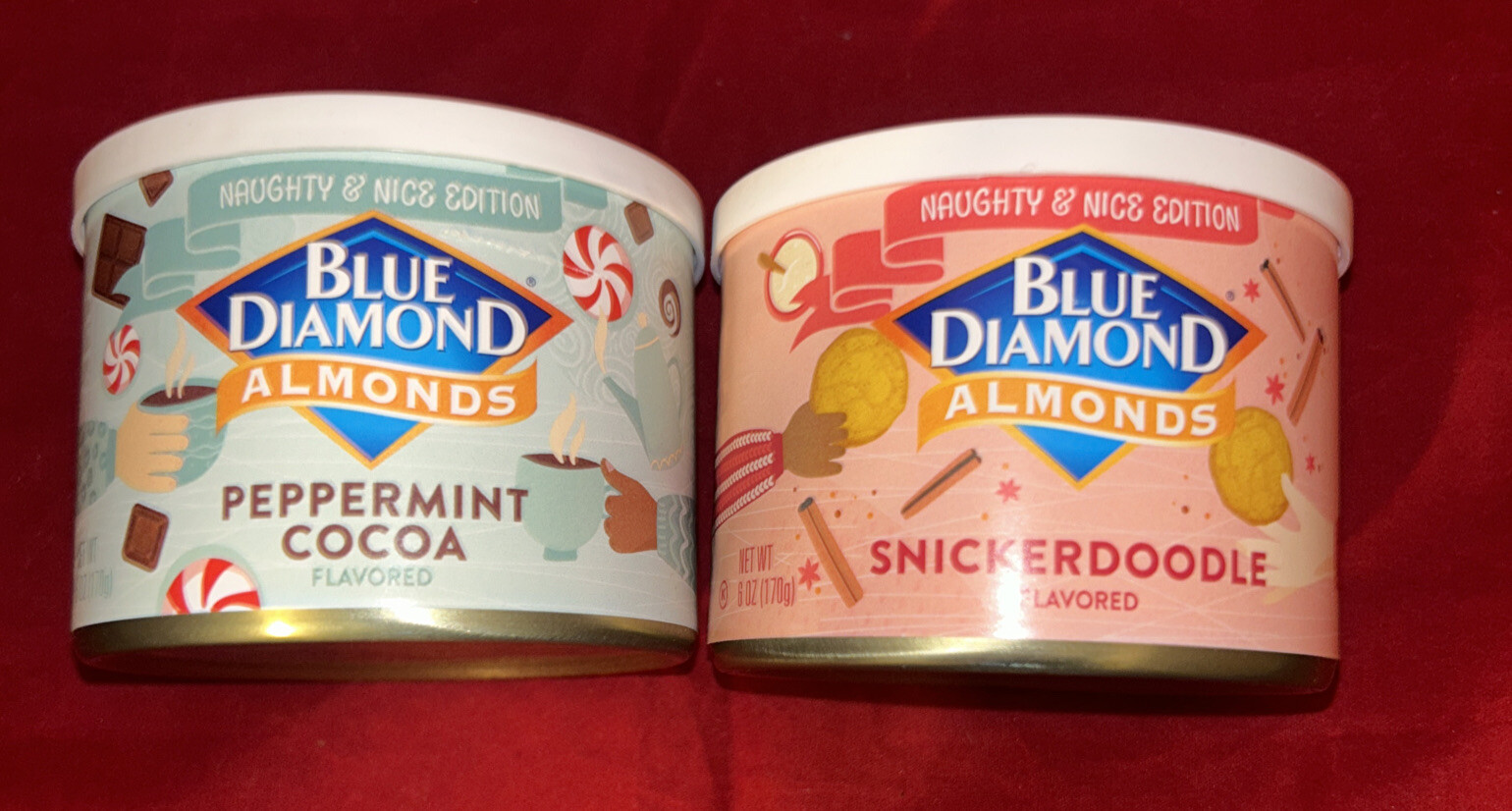 Blue Diamond Almonds 1 SNICKERDOODLE & 1 PEPPERMINT COCOA Flavored Nuts ...