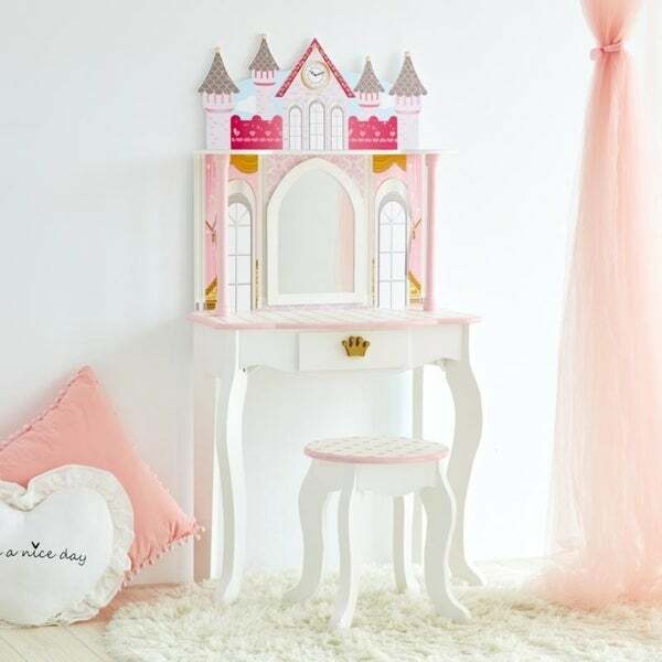 Girls 6pc Vanity Set Pink White Castle Princess Table Mirror Stool ...