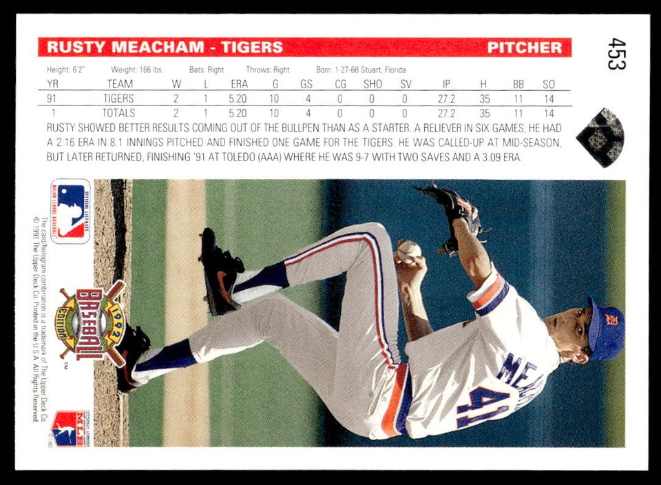 1992 Upper Deck 453 Rusty Meacham Detroit Tigers Baseball Card | eBay