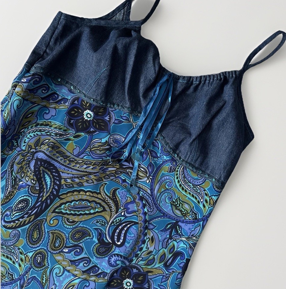 Vintage Blue Jean Mixed Media Paisley Maxi Dress M Babydoll Empire ...