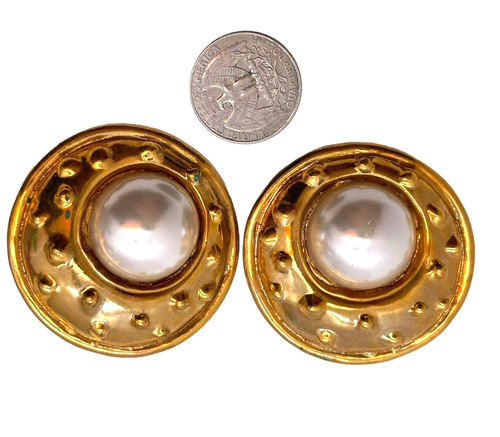 Vintage Massive Faux Pearl Cabochon Shiny Gold Tone "Bumpy" Earrings | eBay