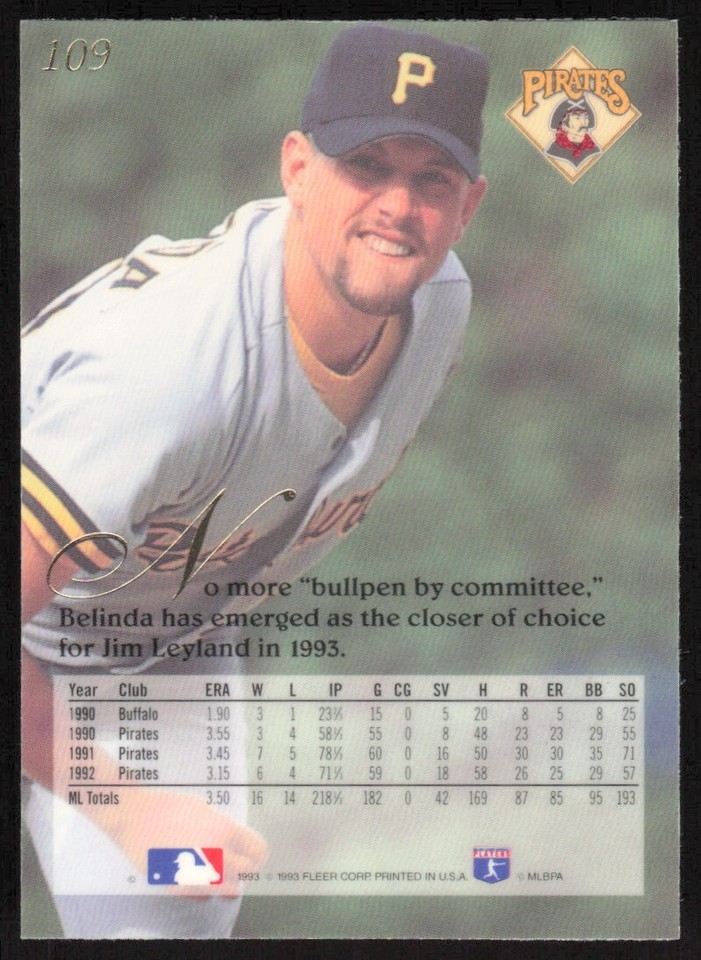 1993 Flair Baseball Card Stan Belinda #109 Pittsburgh Pirates | eBay