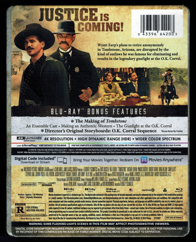 Tombstone 4K Steelbook Kurt Russel Val Kilmer Bill Paxton Michael Biehn ...
