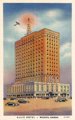 Postcard KS Kansas Wichita Allis Hotel and Airplane 1940s Linen MINT ...