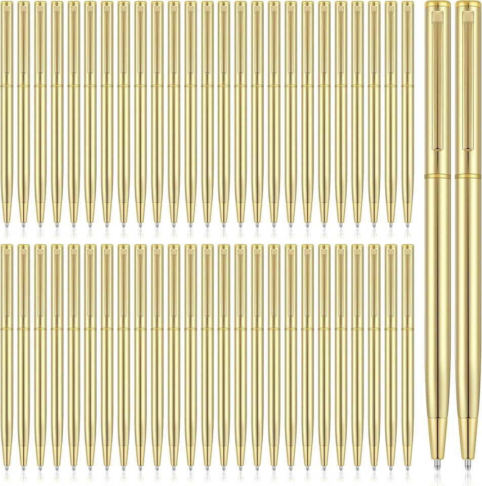 Gold Metal Slim Ballpoint Pens Bulk Retractable Metallic Black Ink 1 mm ...
