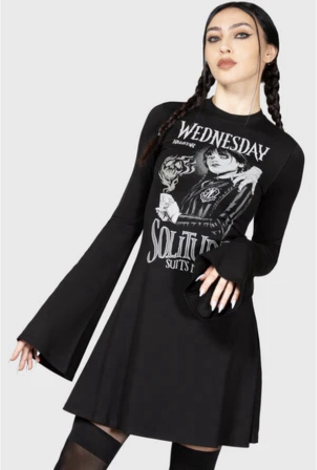 Killstar Wednesday Addams Collab Gothic Bell Sleeve Skater Dress Size ...