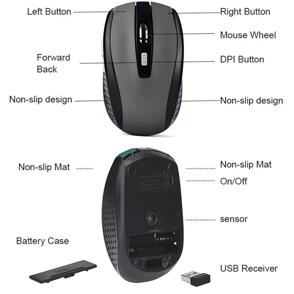 BLACK WIRELESS CORDLESS 2.4ghZ MOUSE USB DONGLE OPTICAL SCROLL FOR PC ...