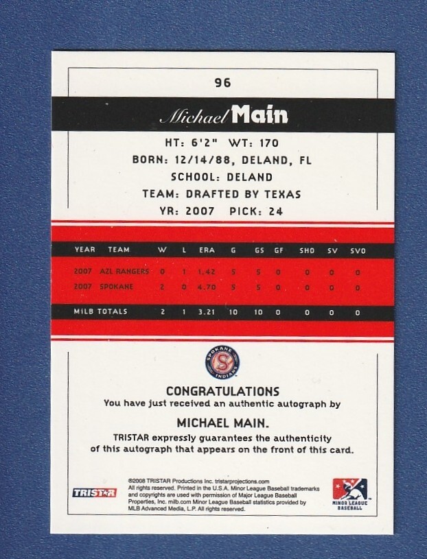 MICHAEL MAIN 2008 Projections Reflective AUTO RC #96 Rangers Signed ...