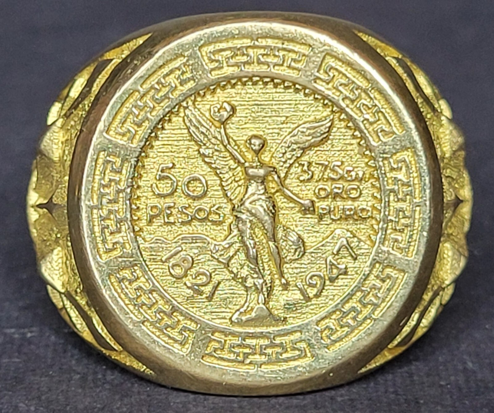 Faux Gold Ring 50 Pesos Stamped 1821-1947 Size 11.25 - Gem