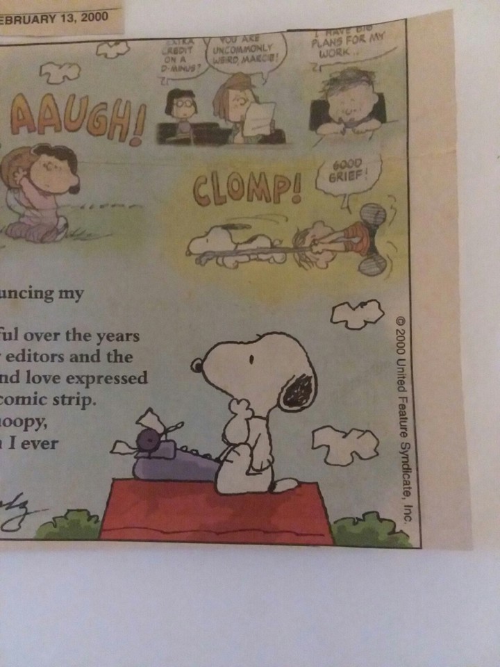 Charles Schulz Last Peanuts Comic Strip Feb. 13, 2000, Snoopy Charlie ...