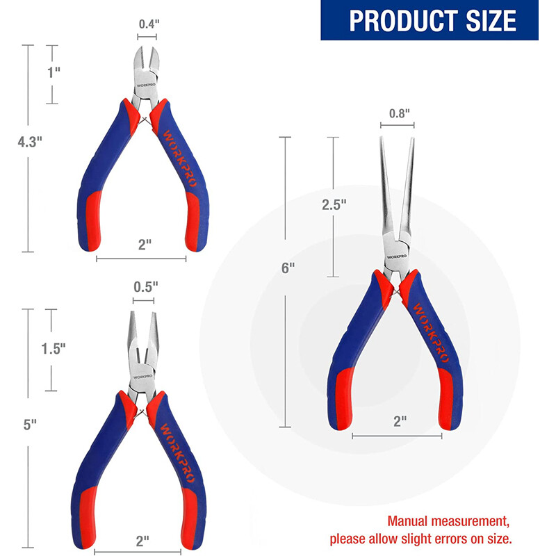 WORKPRO 3PCS Mini Pliers Set 4" Diagonal Plier 5" Long Nose 6" Needle ...
