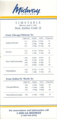 Midway Airlines system timetable 4/3/94 [5112] Buy 4+ save 50% | eBay
