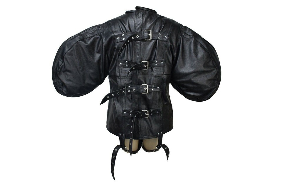 100% REAL COW BLACK LEATHER STRAITJACKET WITH CHEST ZIPPER And LACED ...