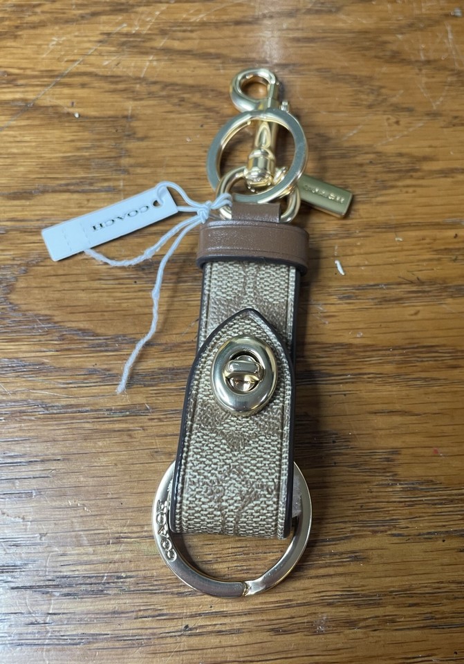 NWT COACH KHAKI SIGNATURE TRIGGER SNAP KEYCHAIN 49314 FOB KEY CHAIN BAG ...