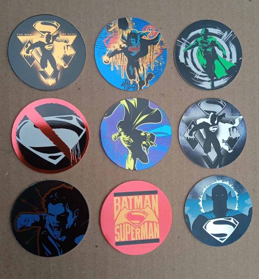 BATMAN vs SUPERMAN Tazos Pog Sabritas 2016 Mexico Set of 9 NINE pogs ...