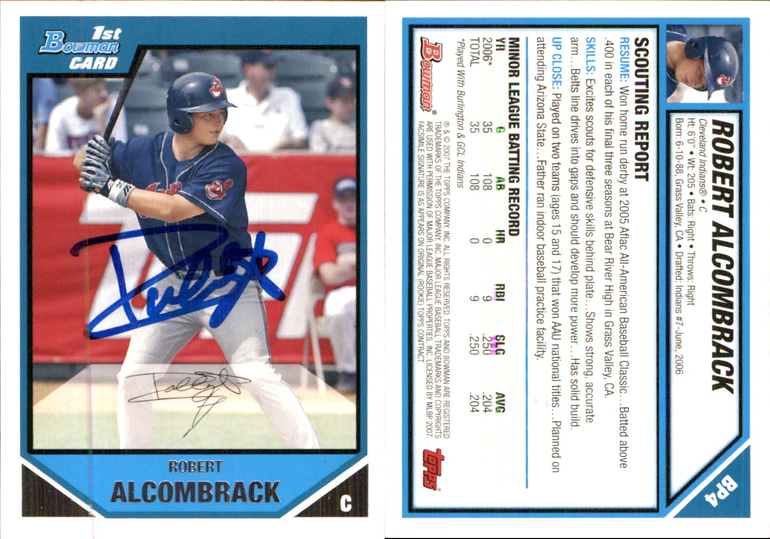 Robert Alcombrack Signed 2007 Bowman #BP4 Card Cleveland Indians Auto ...