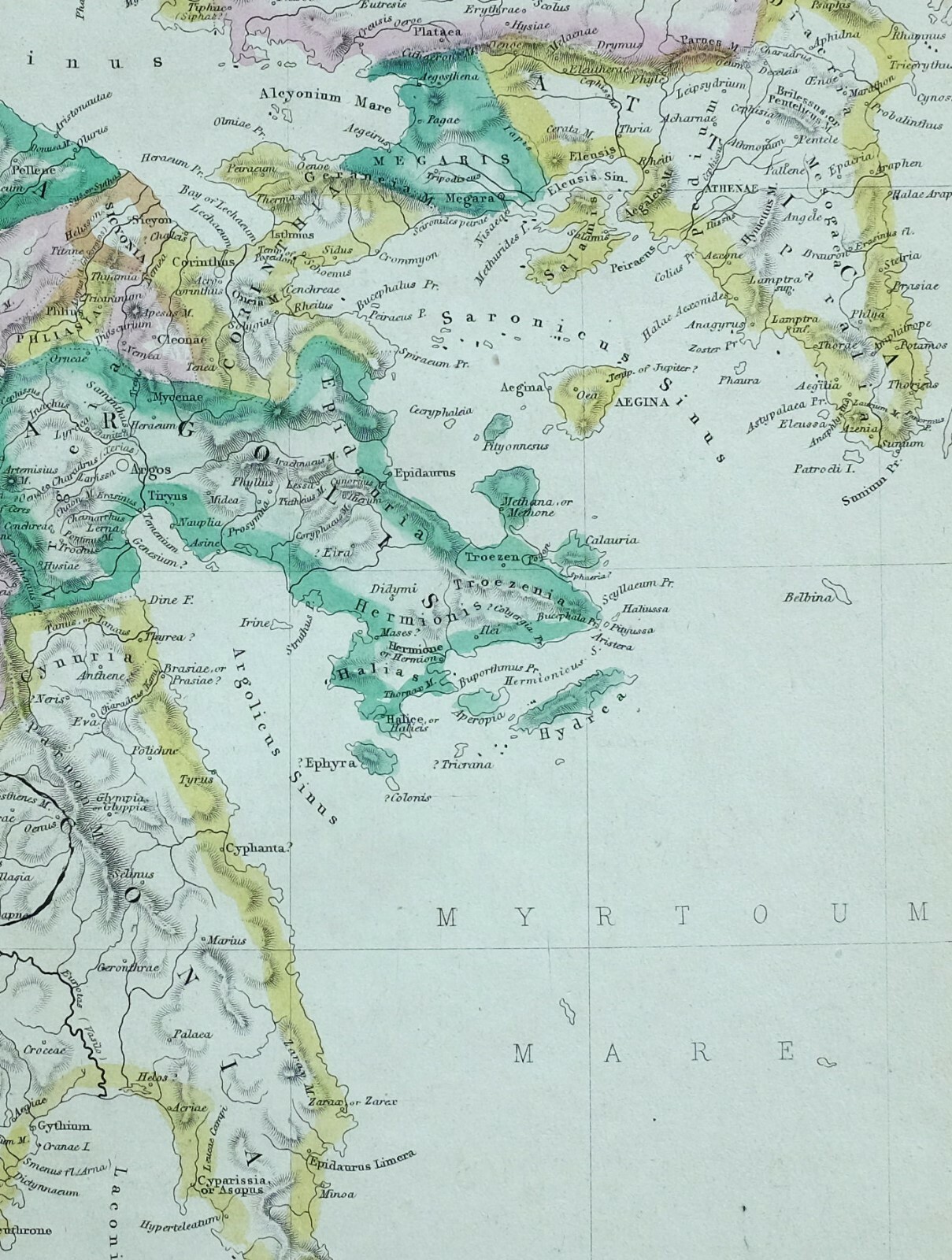 1856 ANCIENT MAP PELOPONNESUS ATTICA MESSENIA LACONIA ARCADIA ARGOLIS ...