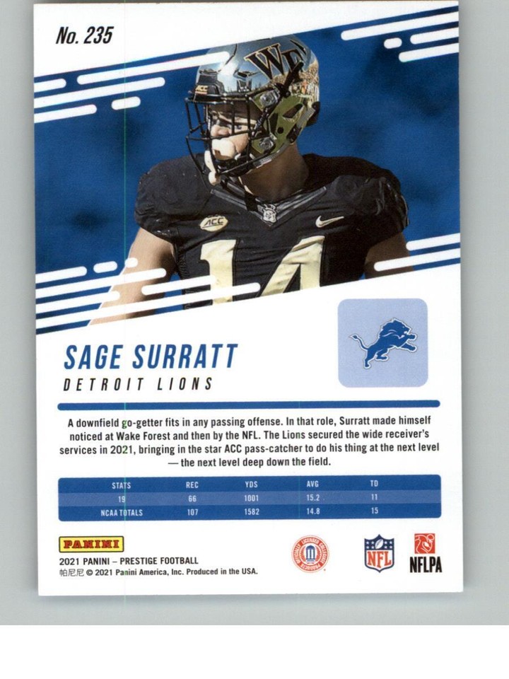 2021 Panini Prestige Sage Surratt 235 RC Detroit Lions | eBay