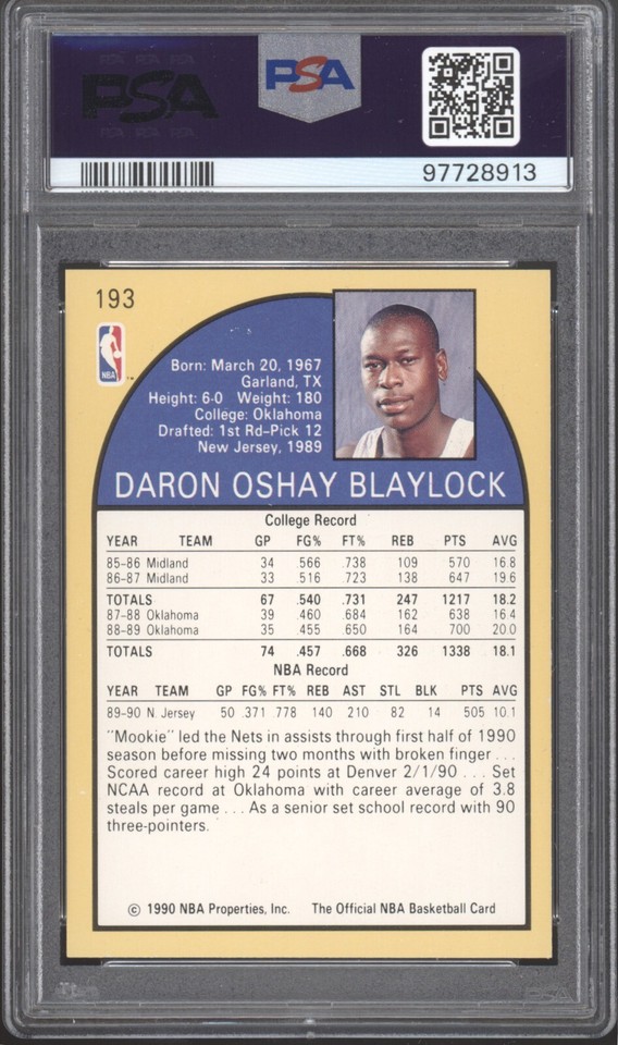 PSA 8 - 1990-91 NBA Hoops - #193 Mookie Blaylock Rookie | eBay