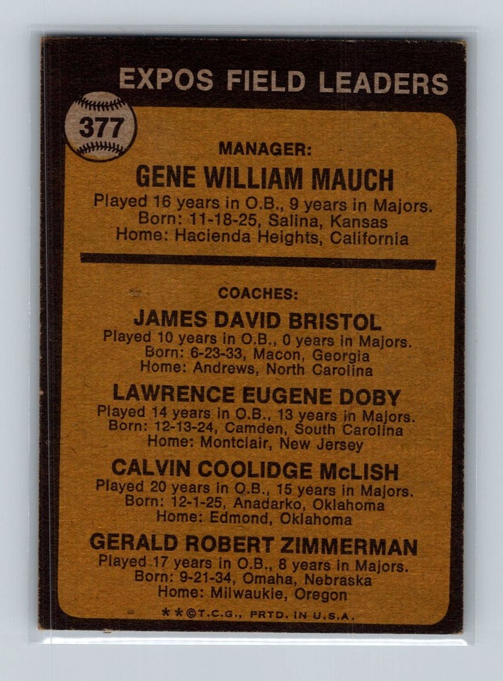 1973 Topps Gene Mauch Manager Montreal Expos #377 Baseball Card | eBay