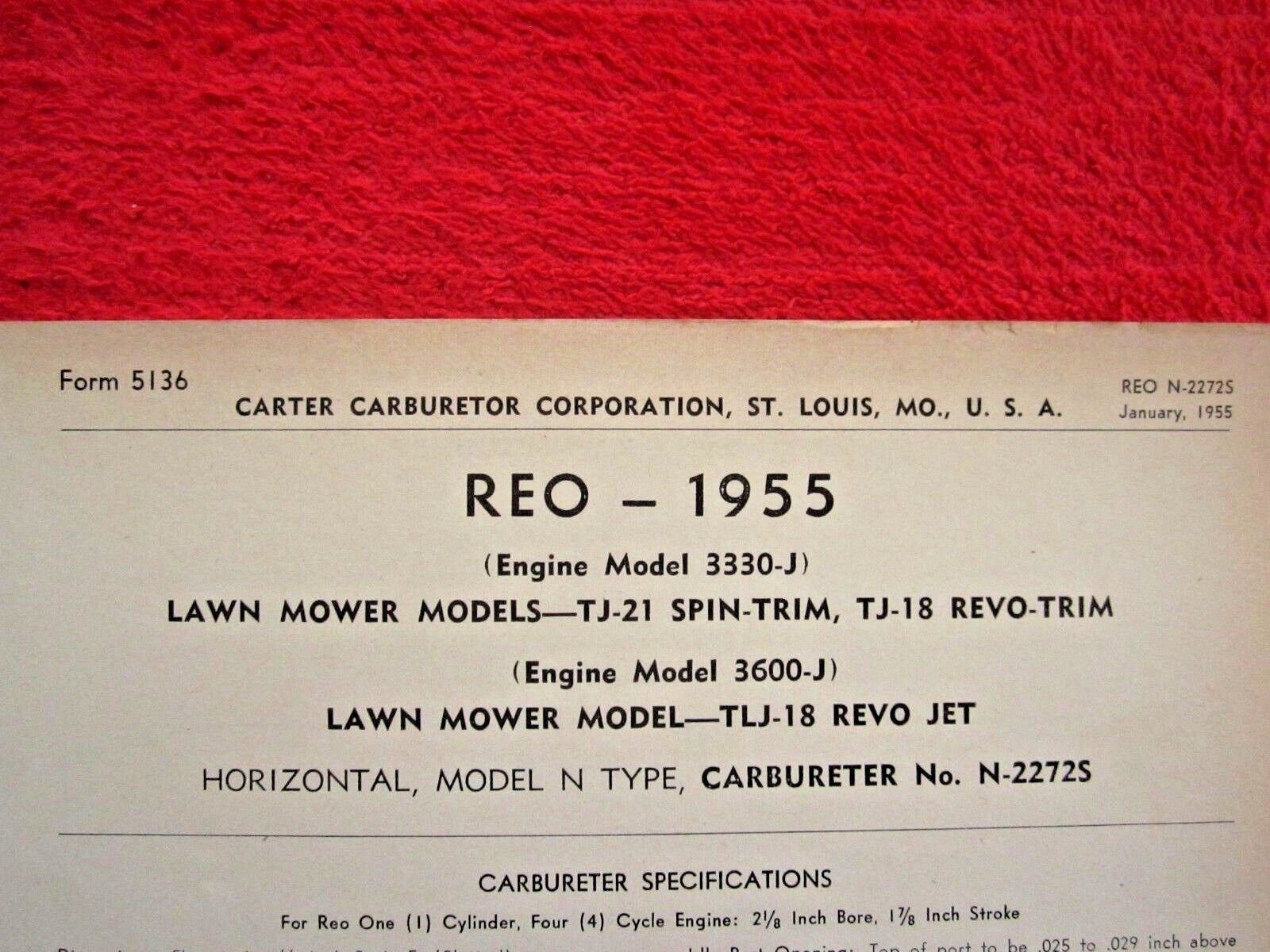 1955 REO SPIN-TRIM, REVO-TRIM LAWN MOWER CARTER N CARBURETOR SPEC INFO ...