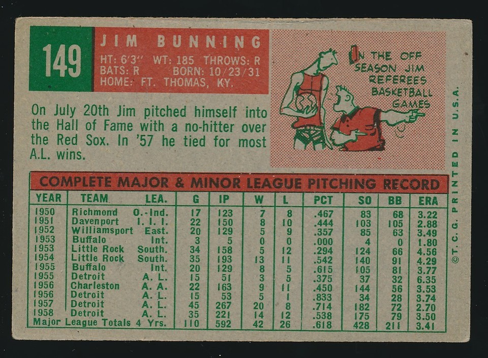 1959 Topps #149 JIM BUNNING (Detroit Tigers) *AUTOGRAPHED* HOF/Senator ...