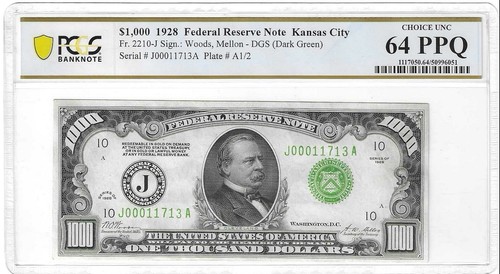 Fr.2210-J 1928 $1000 FRN KANSAS CITY DGS ONE THOUSAND DOLLAR PCGS 64 ...