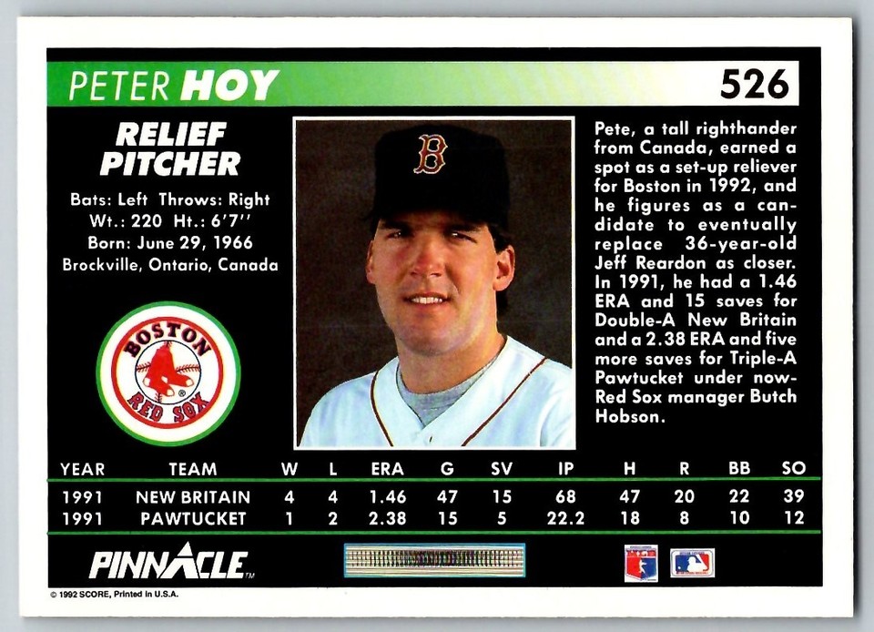 1992 PINNACLE PETER HOY BOSTON RED SOX #526 | eBay