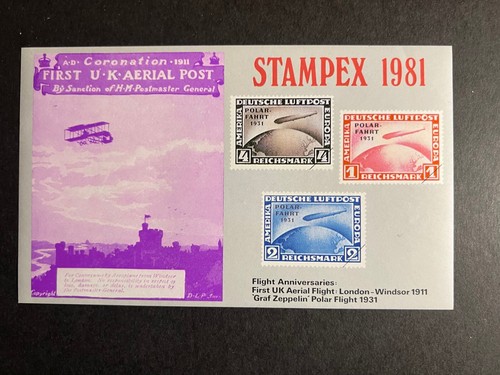 1981 Mint StampEx Postcard Germany Zeppelin Stamps First UK Aerial Post ...