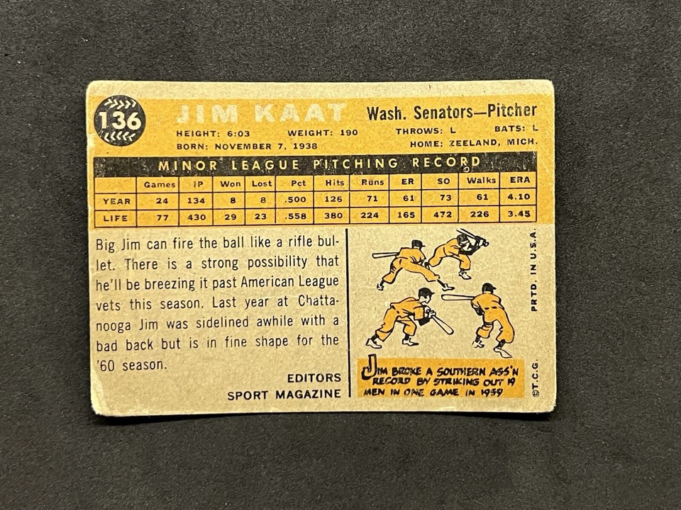 1960 Topps #136 JIM KAAT Rookie RC Minnesota Twins HOF Lower Grade | eBay