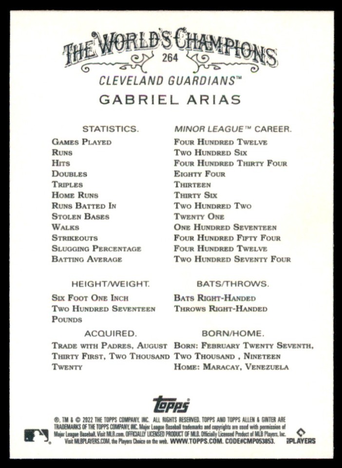Gabriel Arias 2022 Topps Allen & Ginter X Rookie Black Card ! RC #264 ...