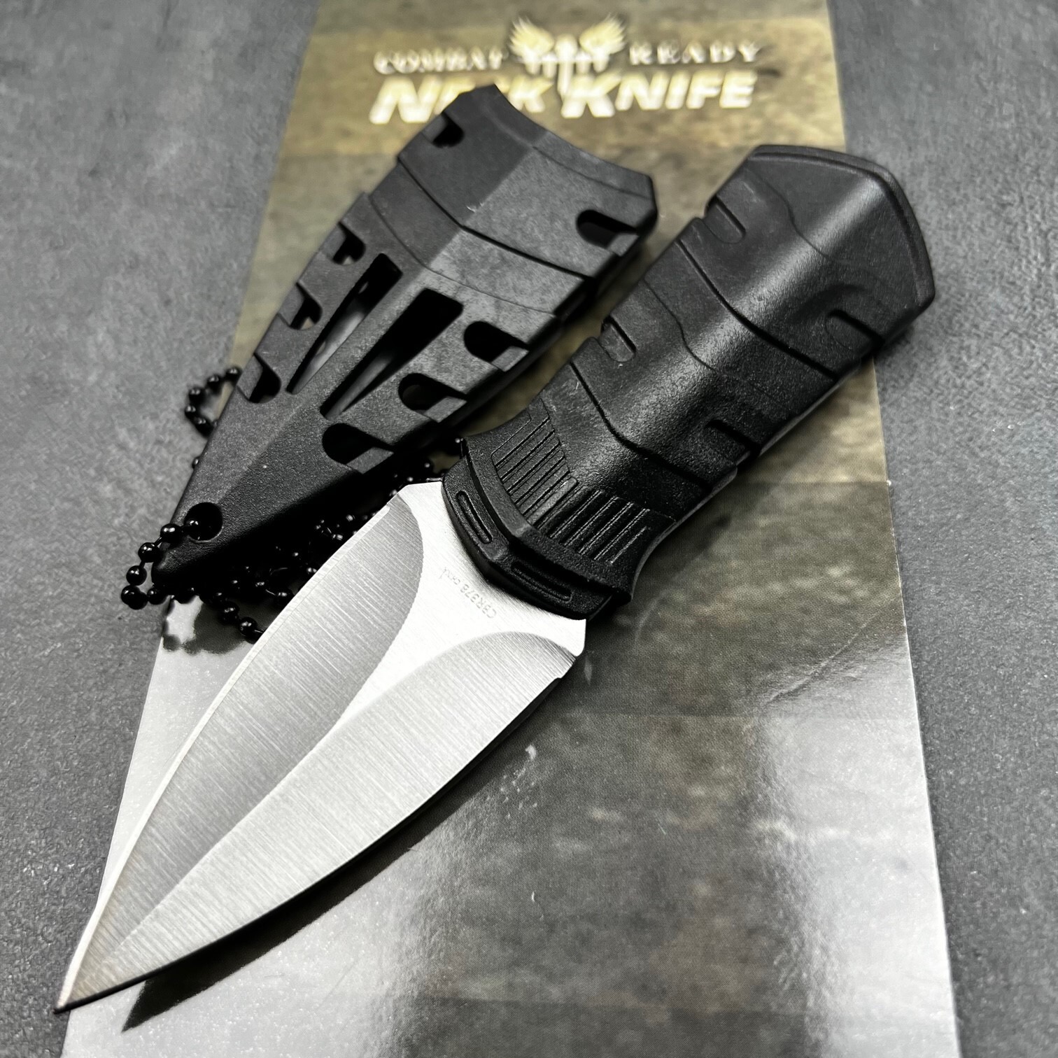 Combat Ready Black Handle Double Edge Fixed Blade Neck Chain Knife with ...