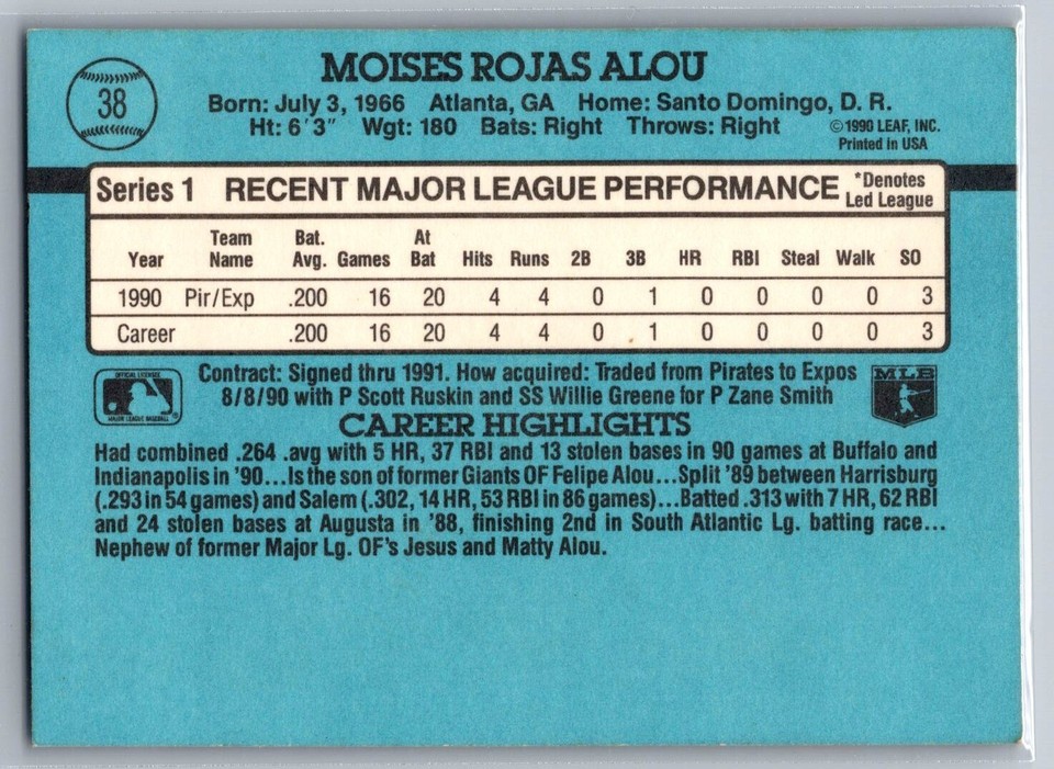 1991 Donruss - Rated Rookie #38 Moises Alou Montreal Expos MLB Baseball ...