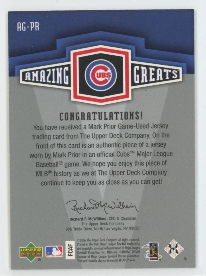 2006 Upper Deck Amazing Greats Mark Prior Patch Cubs #AG-PR C70 | eBay