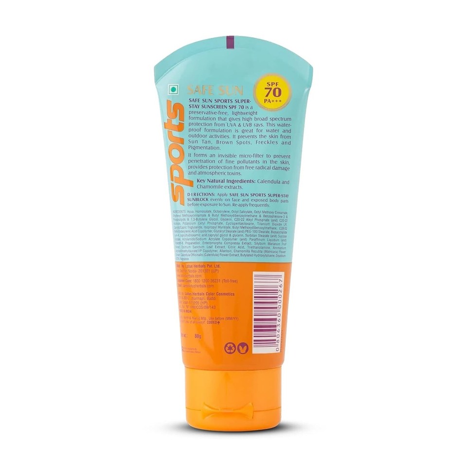 Lotus Herbals Safe Sun Sports Super Stay Sunscreen Cream (80gm) SPF 70 ...