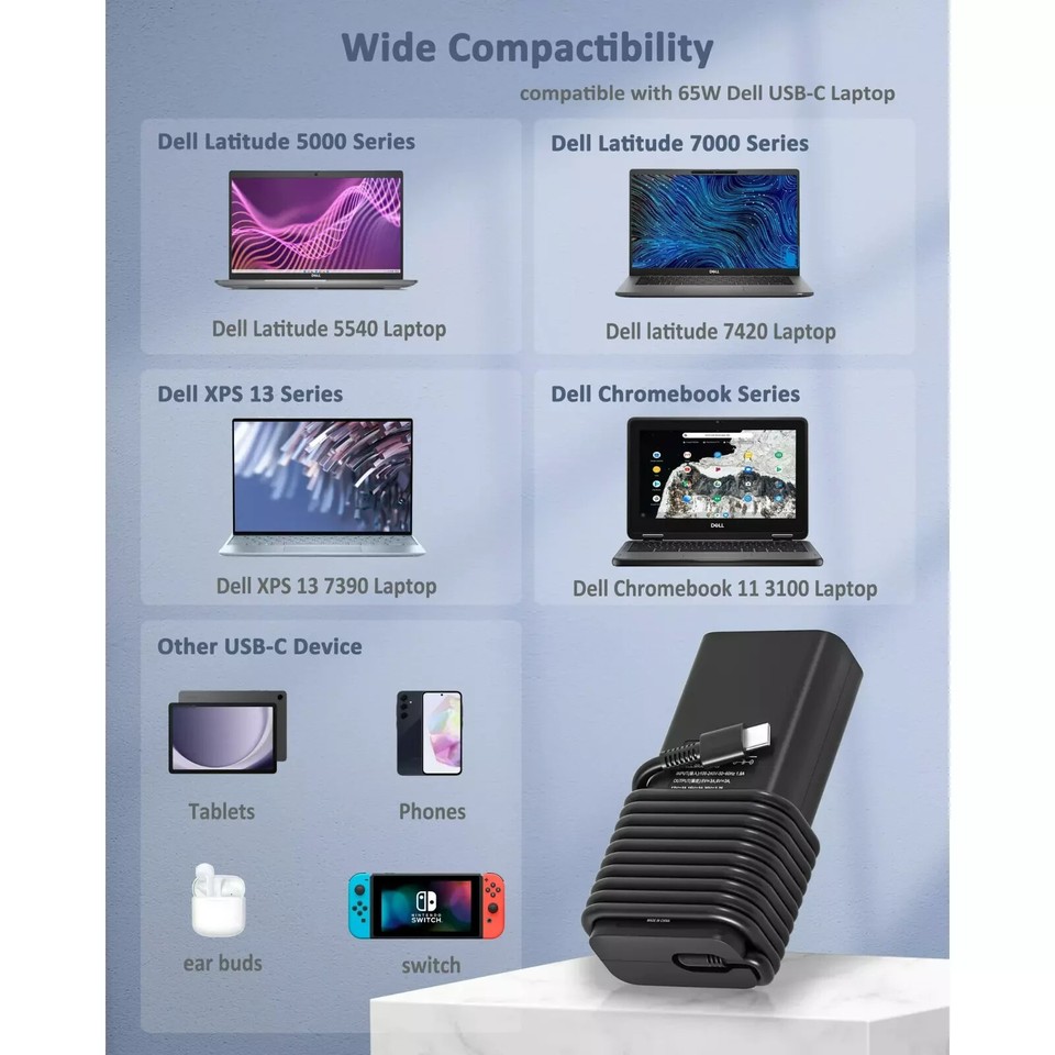 Genuine Dell 65W USB-C Chromebook 3100 AC Adapter 2WDR5 DA65NM190 Power ...