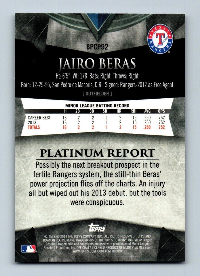 2014 (RANGERS) Bowman Platinum Chrome Prospects Refractors #BPCP92 ...