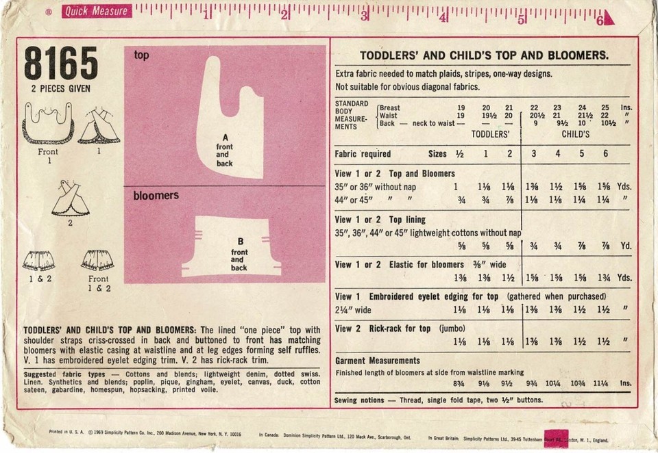 Girls Sleeveless TOP and BLOOMERS Child Simplicity 8165 Vtg 1969 Sewing ...