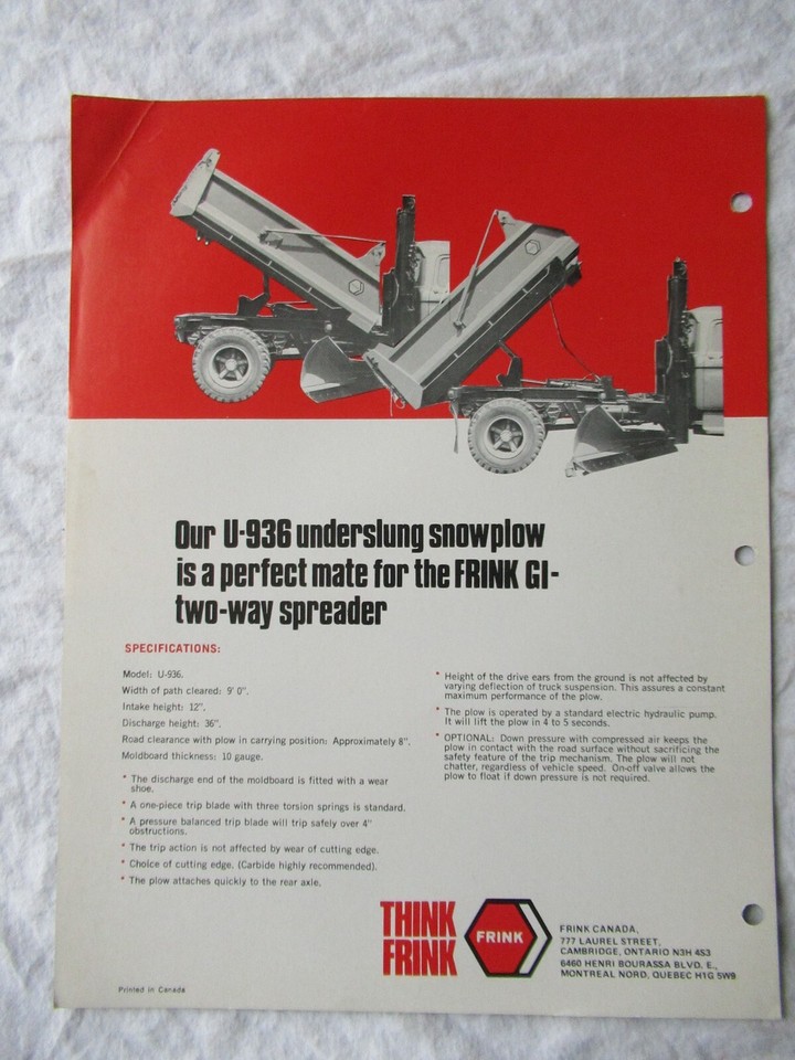 Frink U-936 Underslung Snow Plow Snowplow Removal Specification Sheet ...