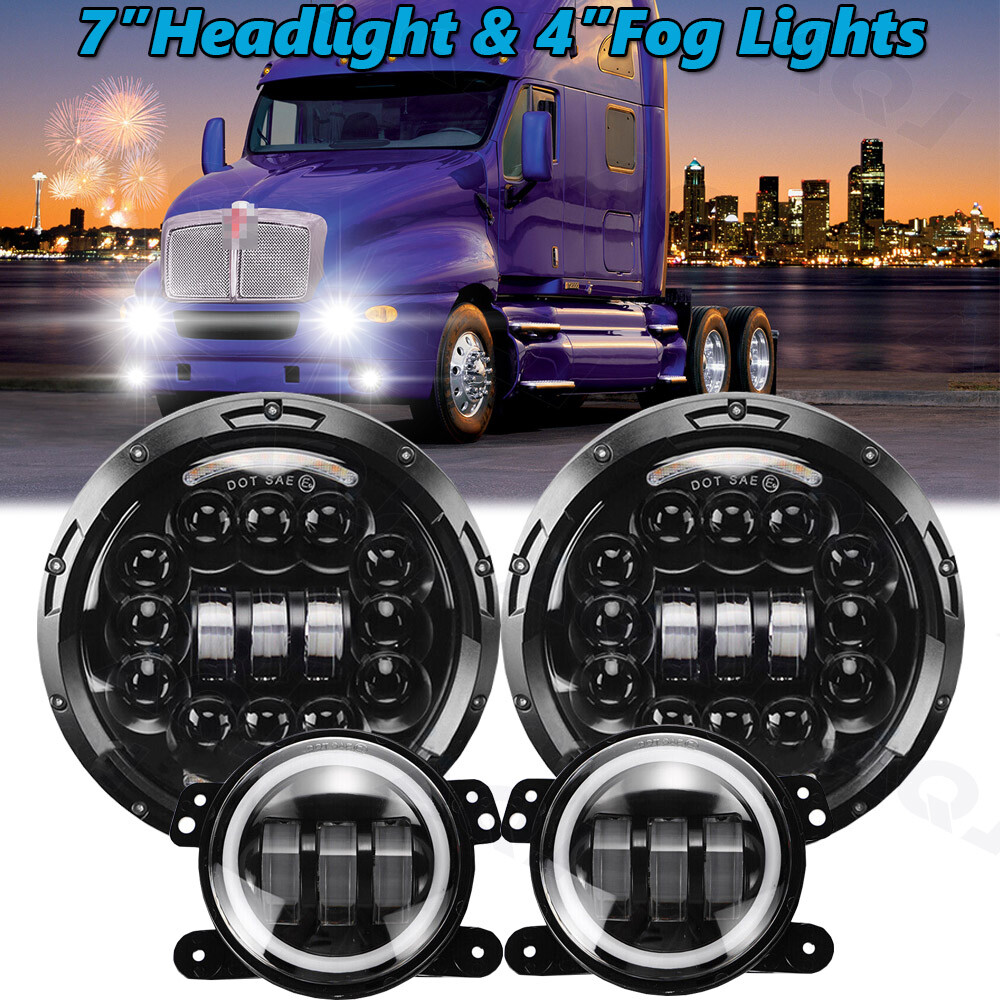 Round 7inch LED Headlights Halo DRL + 4" LED Fog Light Combo for ...